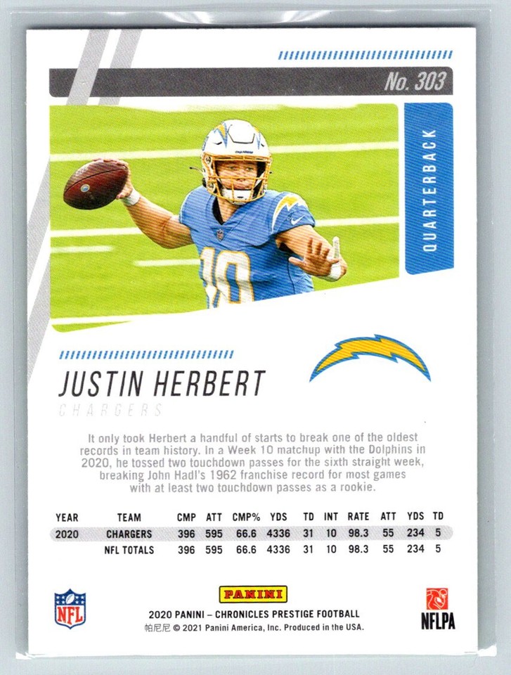 2020 Panini Chronicles Prestige Rookies Update Justin Herbert #303 ...
