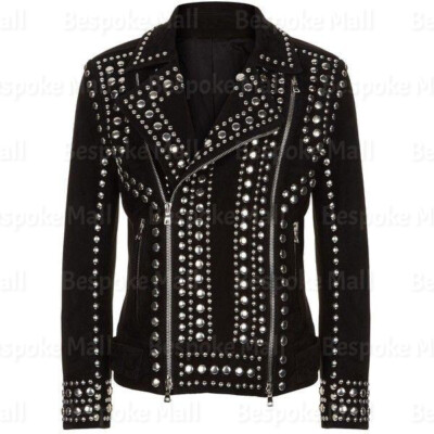 New Women Black Silver Studded Eyelets Fringed Cowhide Leather Jacket ...