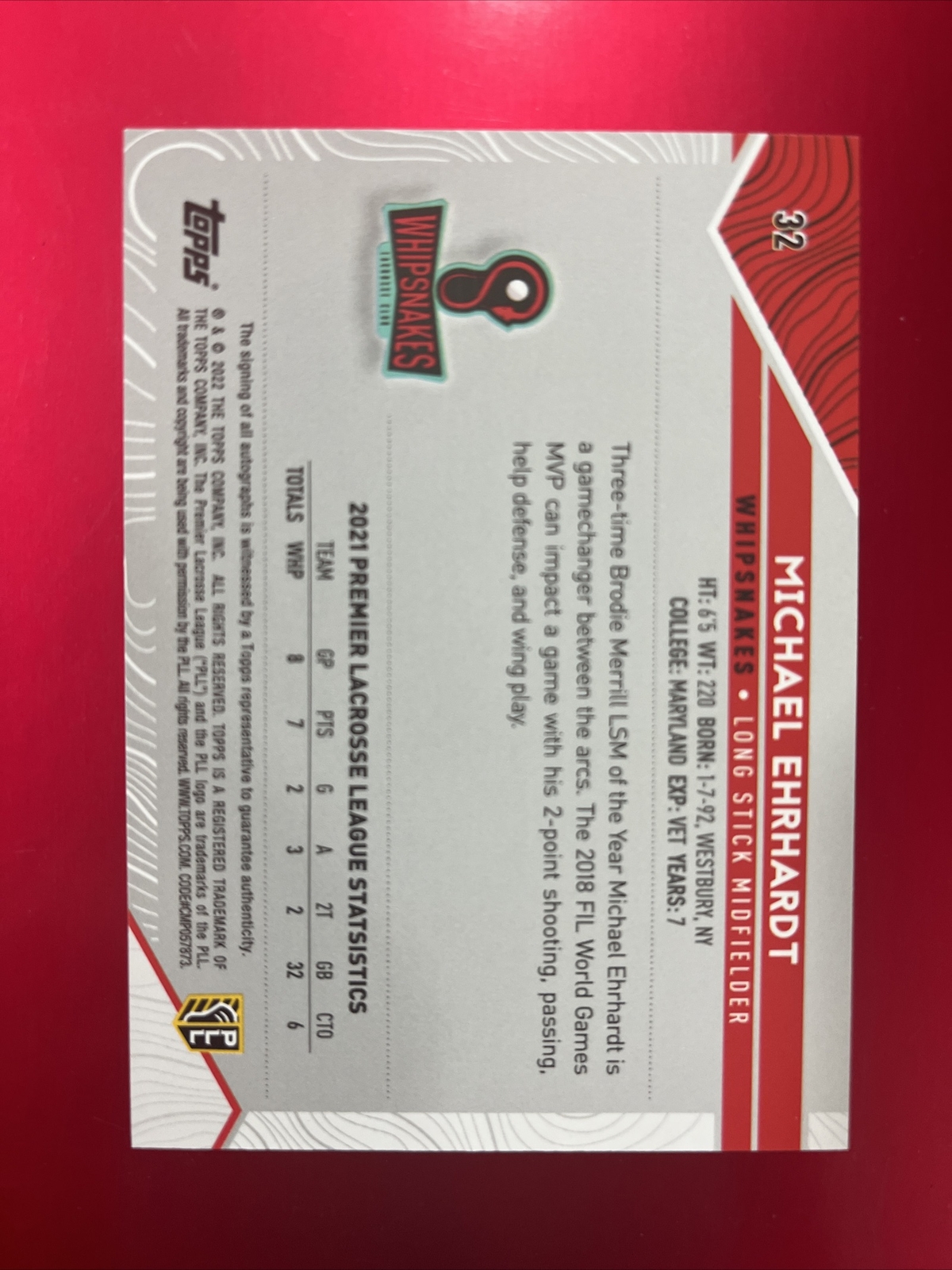 2022 Topps Premier Lacrosse League - Michael Ehrhardt #32 Autographs ...