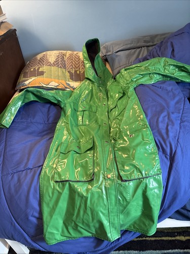 Vintage Pappagallo Womens Vinyl Rain Coat Jacket Hooded Snap Up Green ...