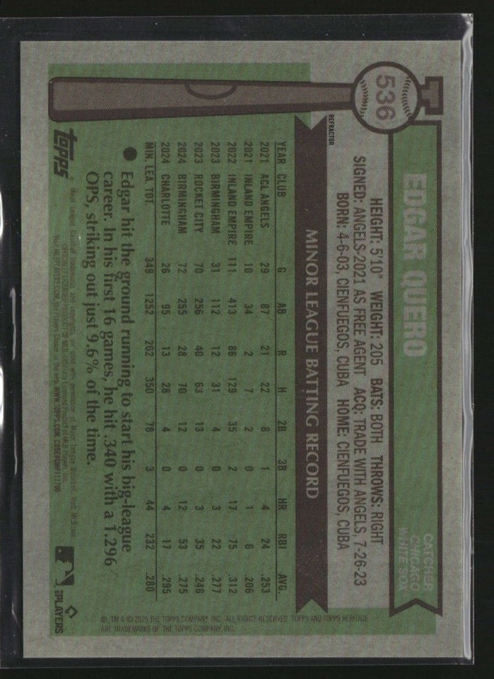 2025 Topps Heritage Chrome Refractor Edgar Quero Rookie #536 RC White ...