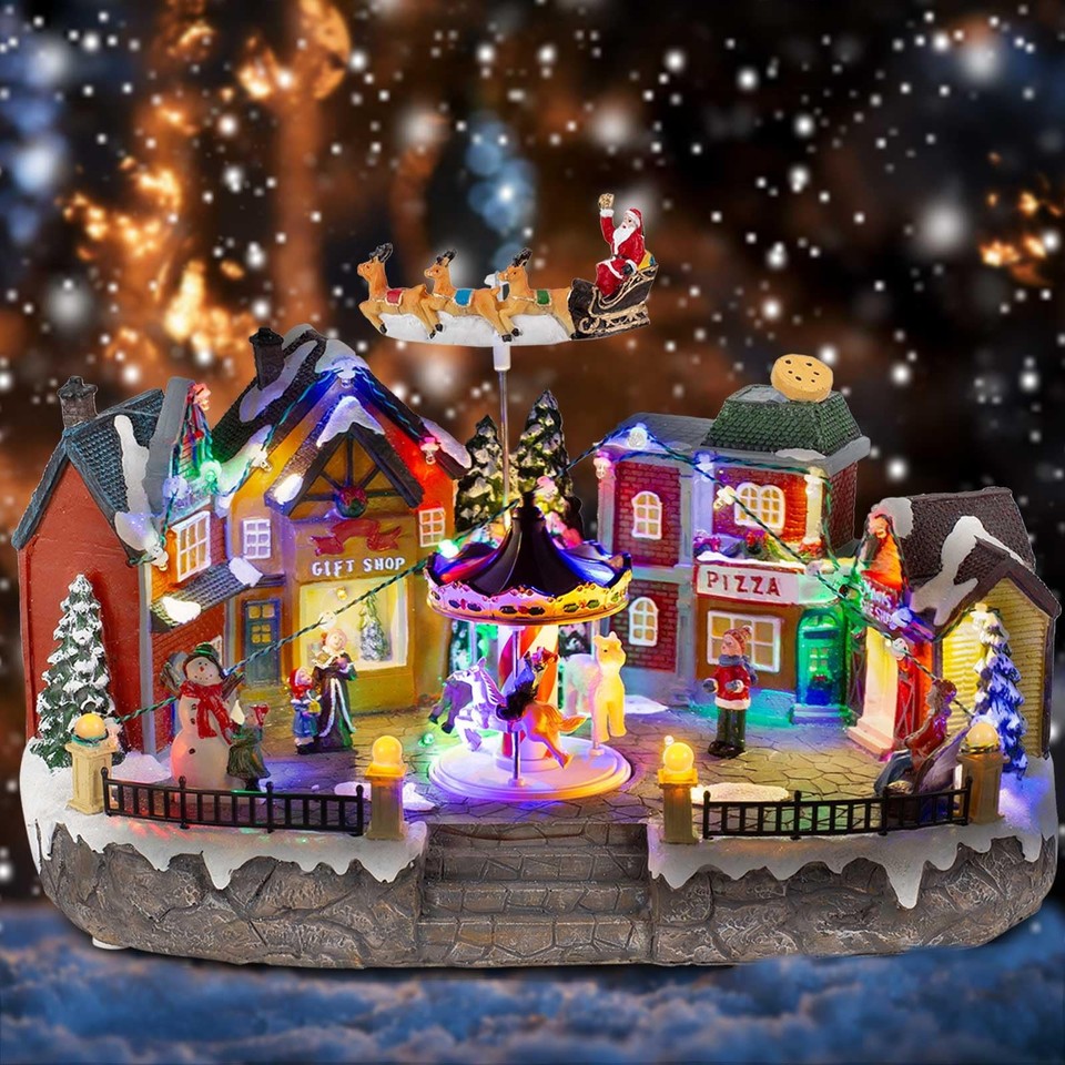 Animated Christmas Village Scene with Santa Sleigh, LED Lights ...