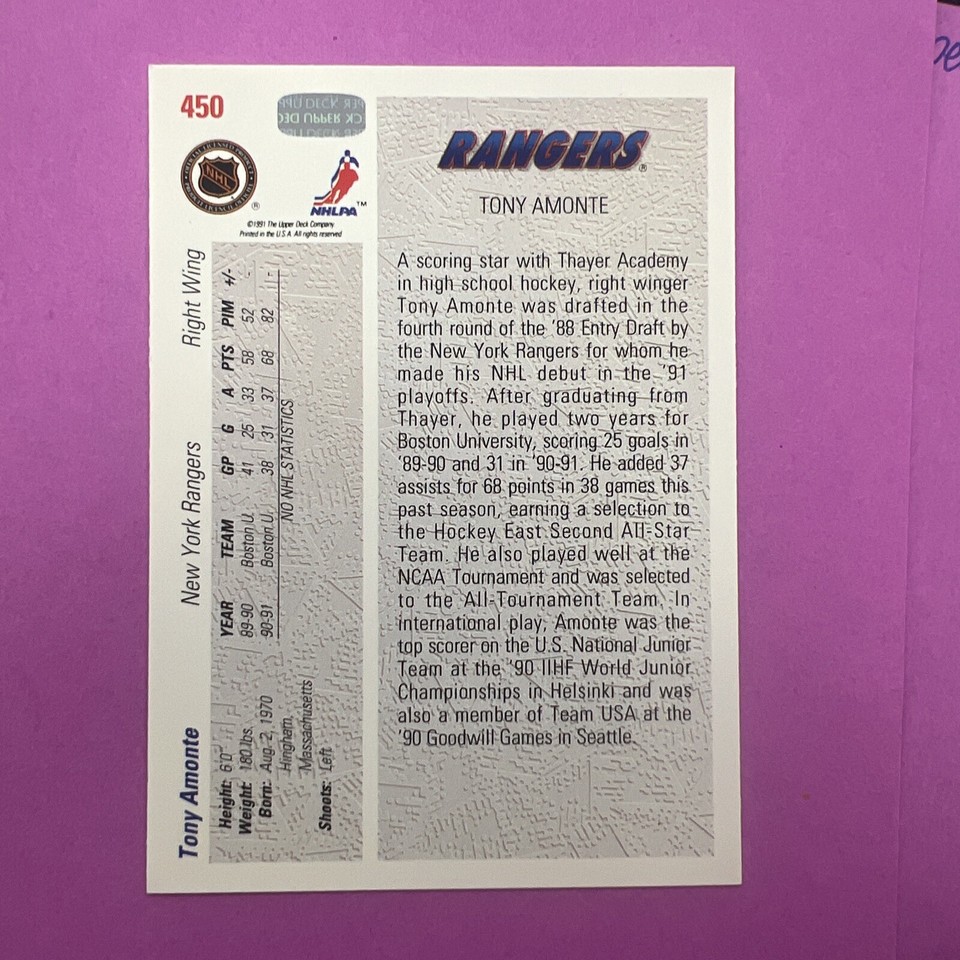1991-92 Upper Deck Hockey - TONY AMONTE RC # New York Rangers | eBay