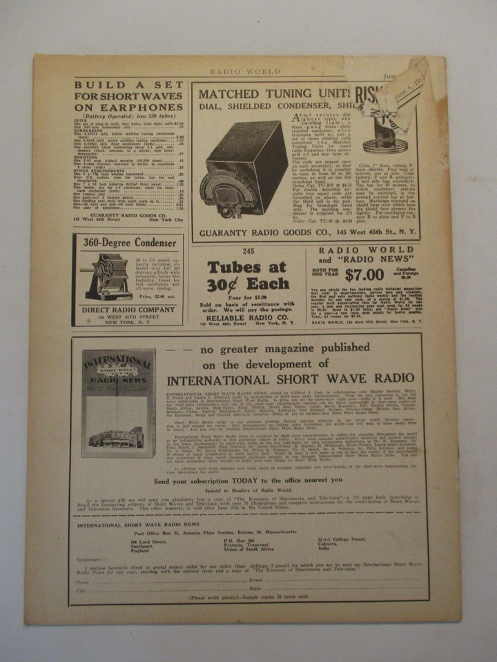 RADIO WORLD MAGAZINE JUNE 4, 1932 RUNNING BOARD AEROAL 6-TUBE AC ...