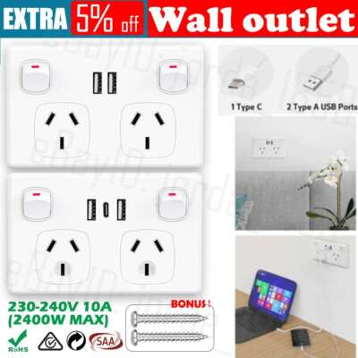 FAST Charge 10A amp Dual USB Type-C Double Power Point GPO Wall outlet ...