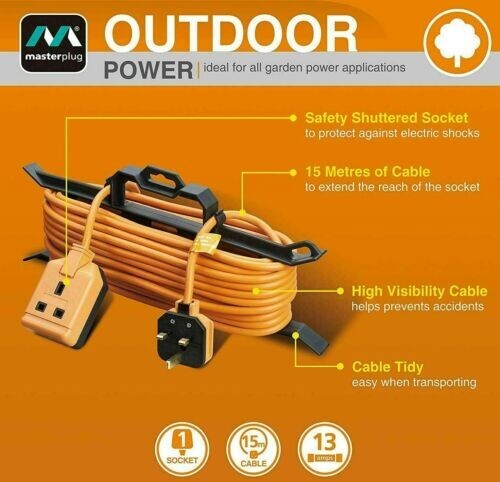 Masterplug 15M Outdoor Single Socket Extension Lead with H Frame Cable ...