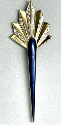 Broche palmette ou éventail Art Déco métal doré à strass & bleu ...
