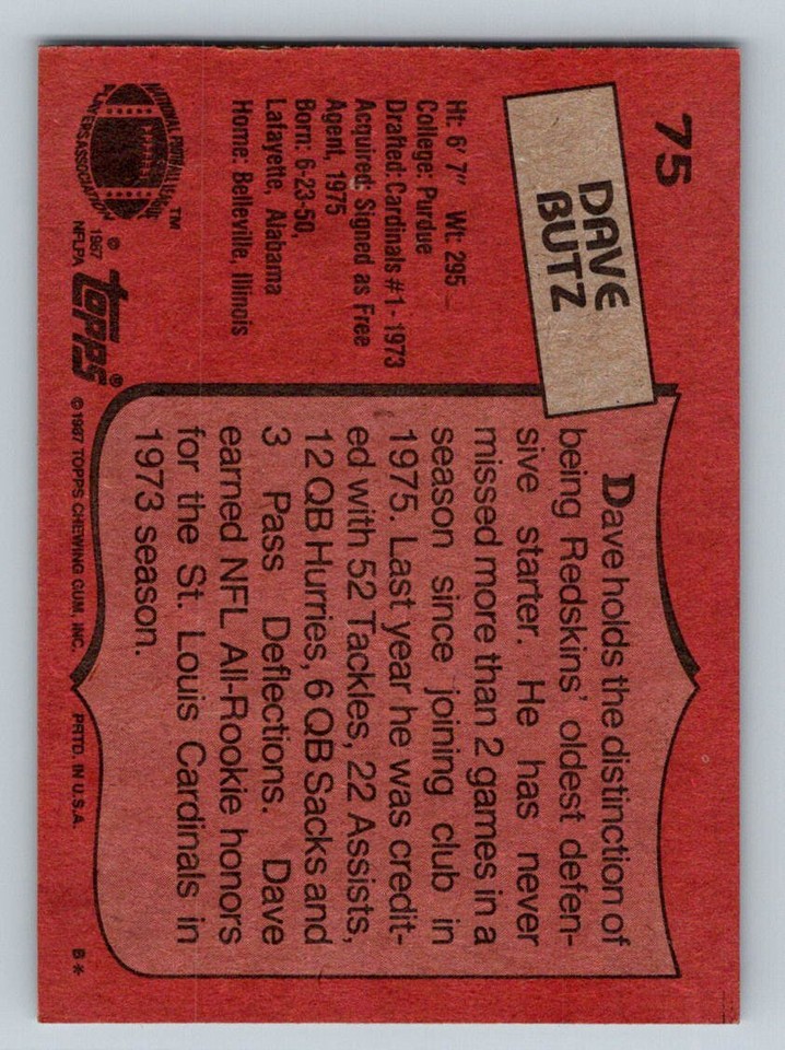 Dave Butz #75 1987 Topps Washington Redskins | eBay