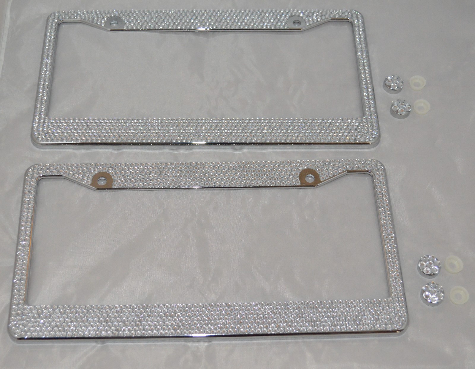 2 All White Silver Bling Glitter Crystal RhineStone License Plate Frame ...