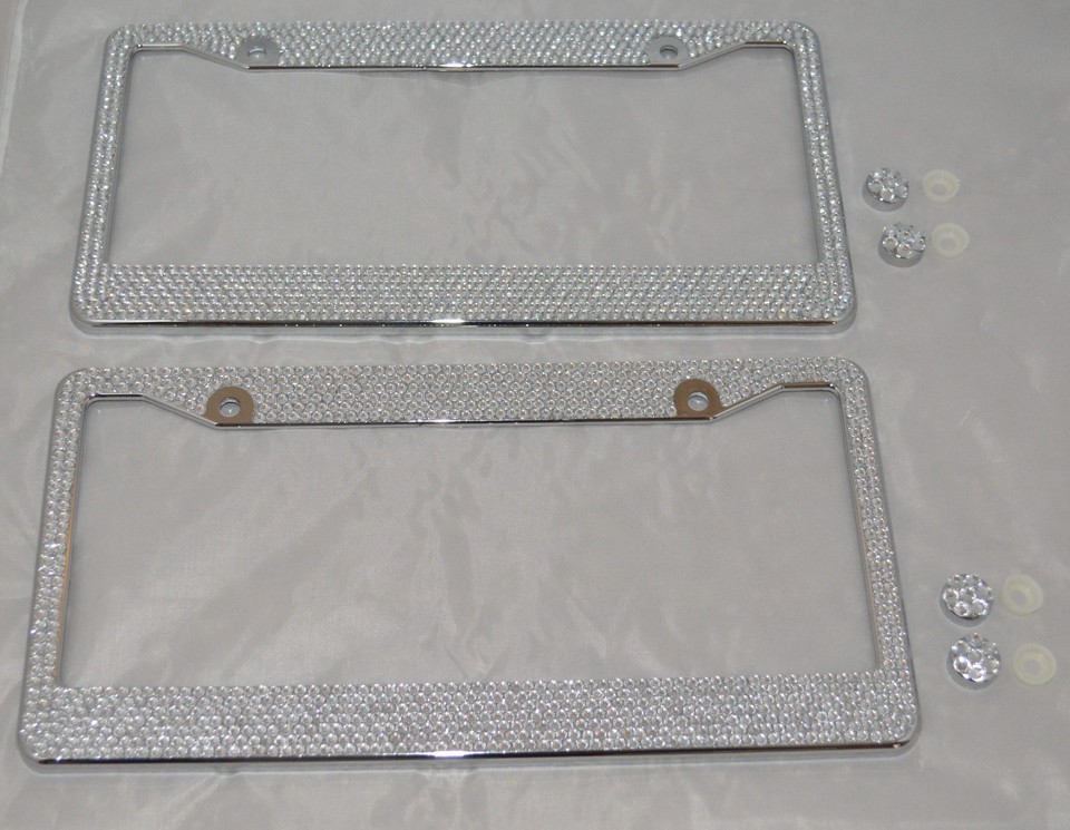 2 All White Silver Bling Glitter Crystal RhineStone License Plate Frame ...