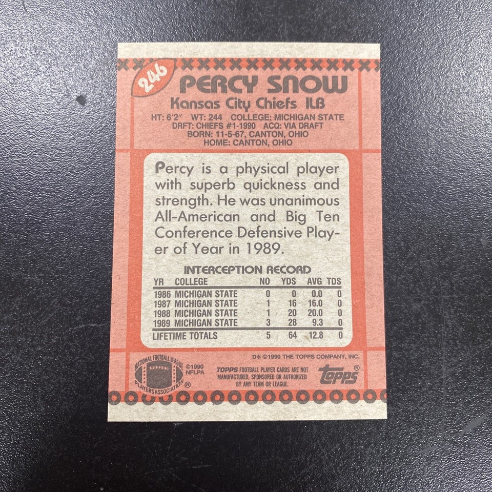 1990 Topps Football Card #246 Percy Snow - 1990 Draft Pick - Kansas ...