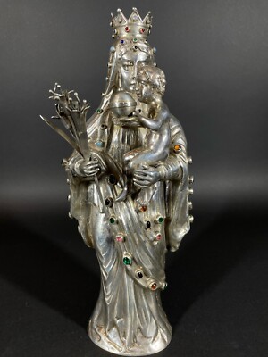 19th c Hanau German Jeweled Silver Religious Statue of Madonna & Child ...