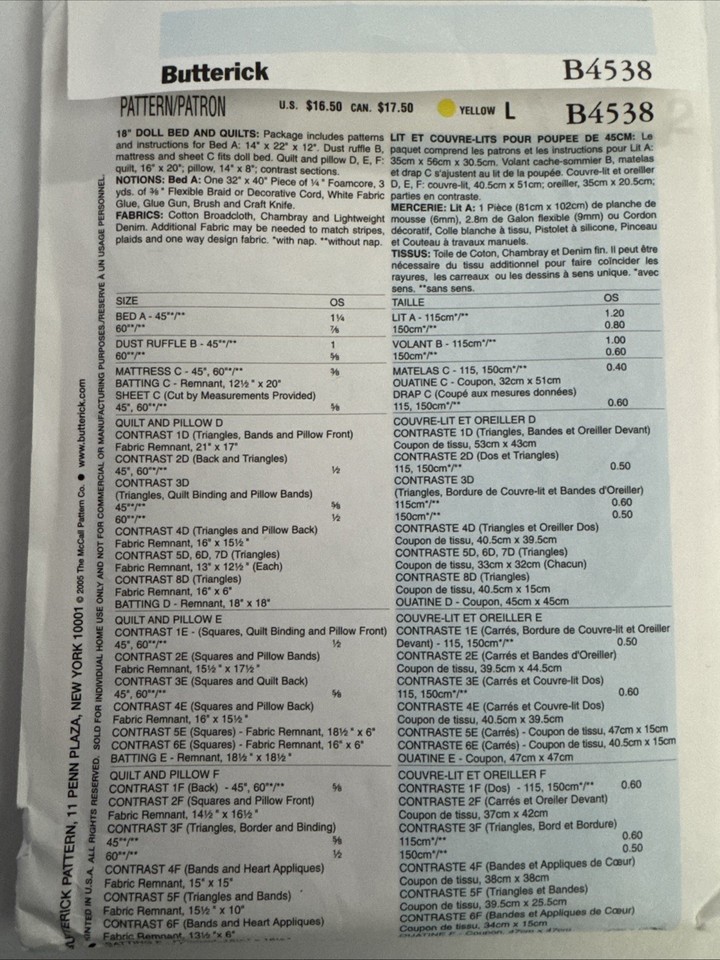 Butterick B4538 18" Doll Bed & Quilts Sewing Craft Pattern Uncut | eBay