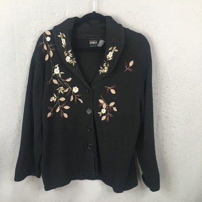 Erika Sweater Womens Large Black Ramie Cotton Embroidery Floral ...