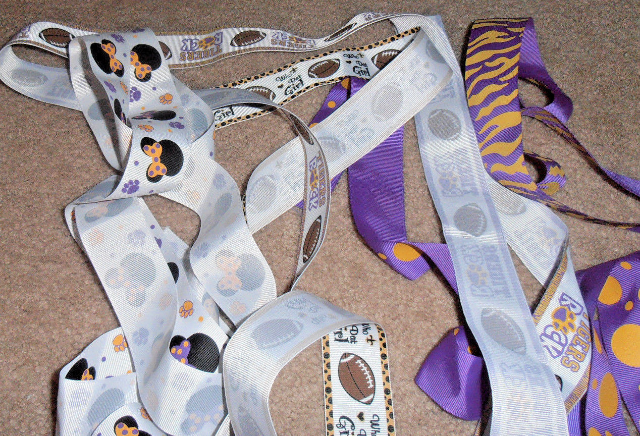 5- DIFF. GORGEOUS LSU TIGERS RIBBON LOT EACH RIBBON 6' TO 8' LONG PARTY ...