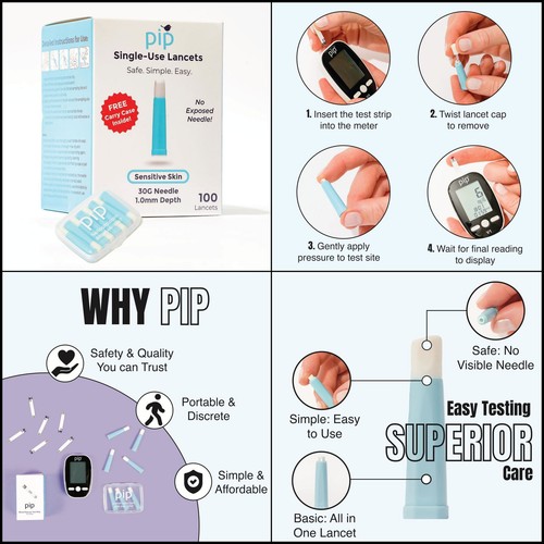 Pip 100 Lancets | All-in-One 30G-1.0mm Diabetes Safety Lancets | Ultra ...