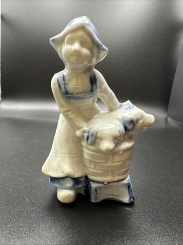 Antique Germany Delft Girl Figurine Pigs Blue White Porcelain | eBay