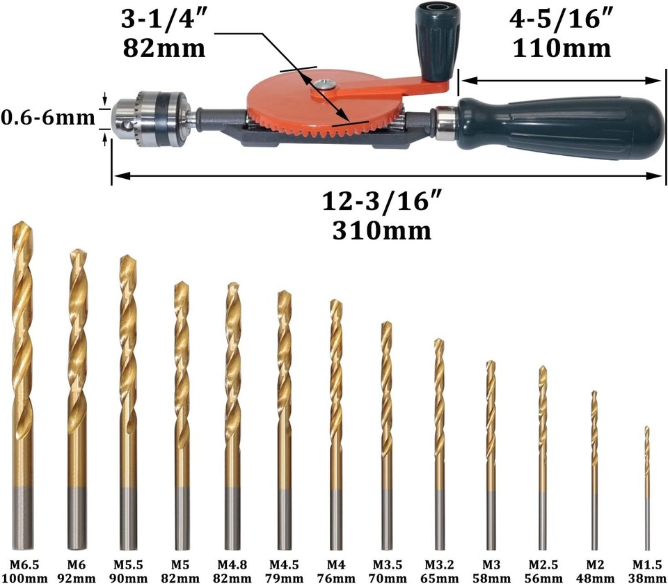 Powerful Speedy Hand Drill 1/4" Manual Drill with 13Pc Drill Bit Set ...