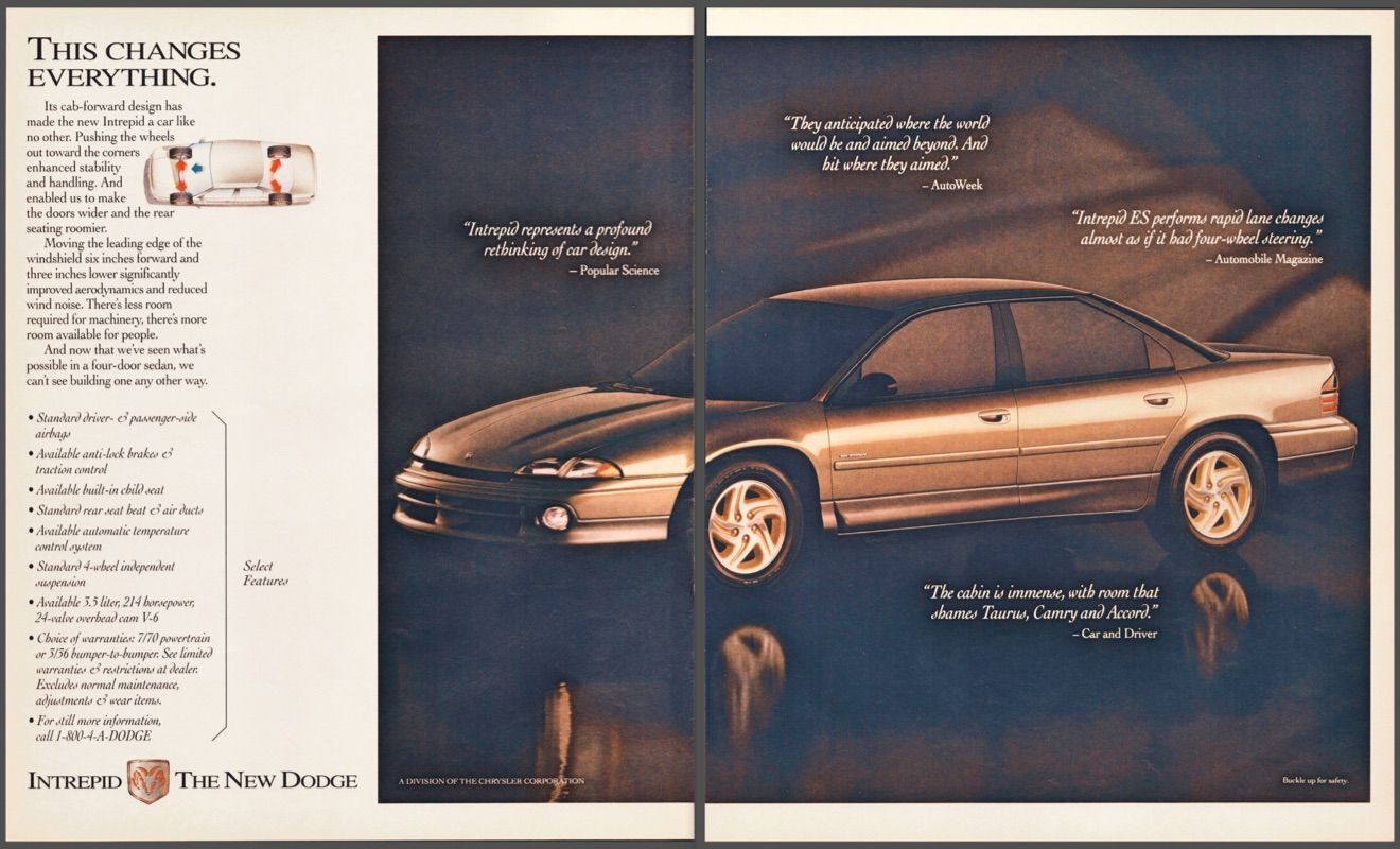 1993 Dodge Intrepid Sedan 2 Page Vintage Print Ad Cab Forward Design ...