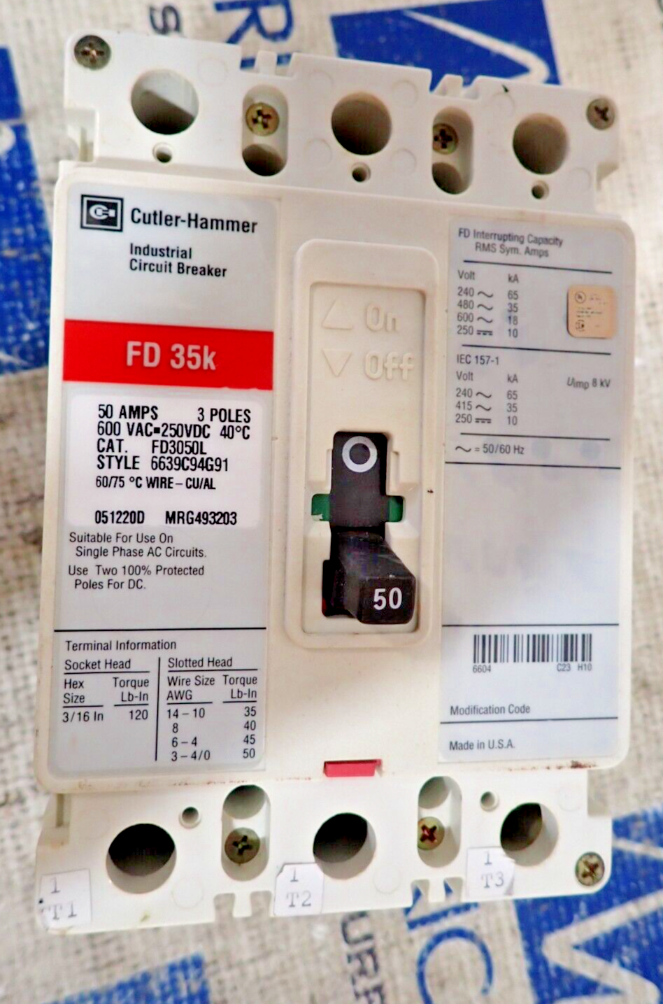 Cutler Hammer FD3050 50 Amp 600 VAC 3 Pole 35kA@480v Type FD Breaker ...
