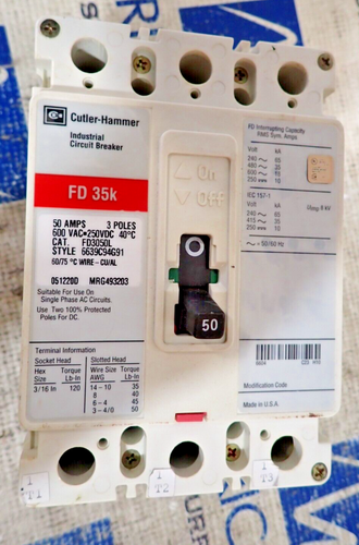 Cutler Hammer FD3050 50 Amp 600 VAC 3 Pole 35kA@480v Type FD Breaker ...