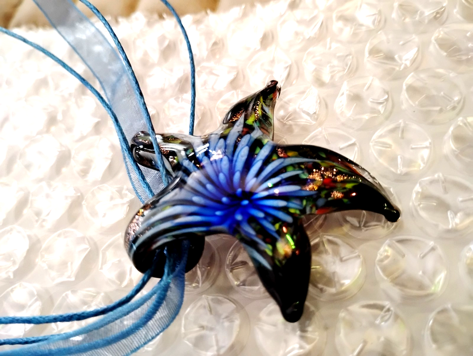 Hand Blown Murano Style Glass,Blue Flower Pendant Necklace Star Fish ...