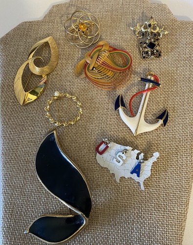 Jewelry 8 VTG Pins Brooches Lot J2 Enamel Anchor USA Map Circle faux ...