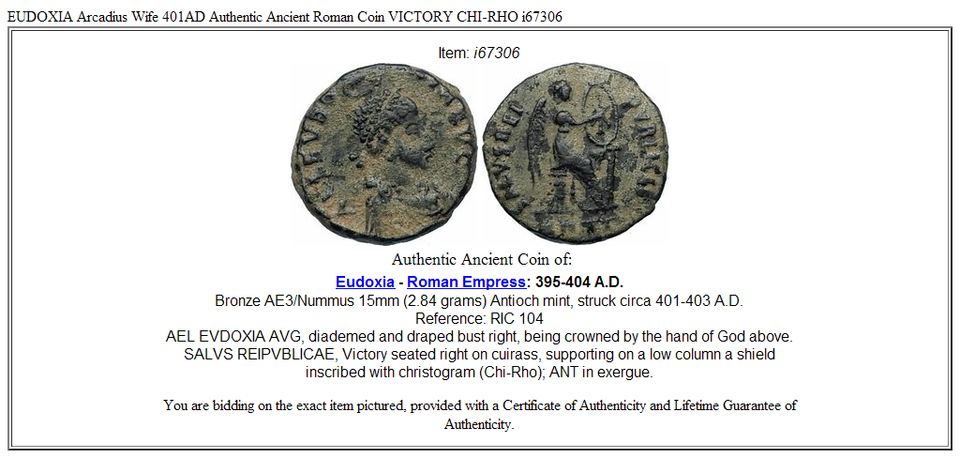 EUDOXIA Arcadius Wife 401AD Authentic Ancient Roman Coin VICTORY CHI ...