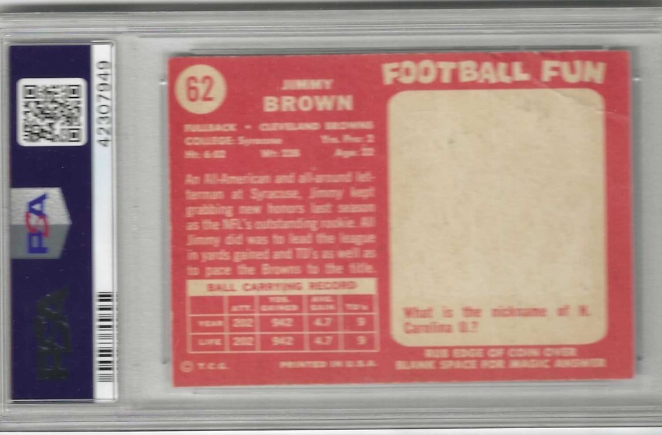 NFL - 1958 TOPPS JIMMY BROWN RC #62 PSA 3 | eBay