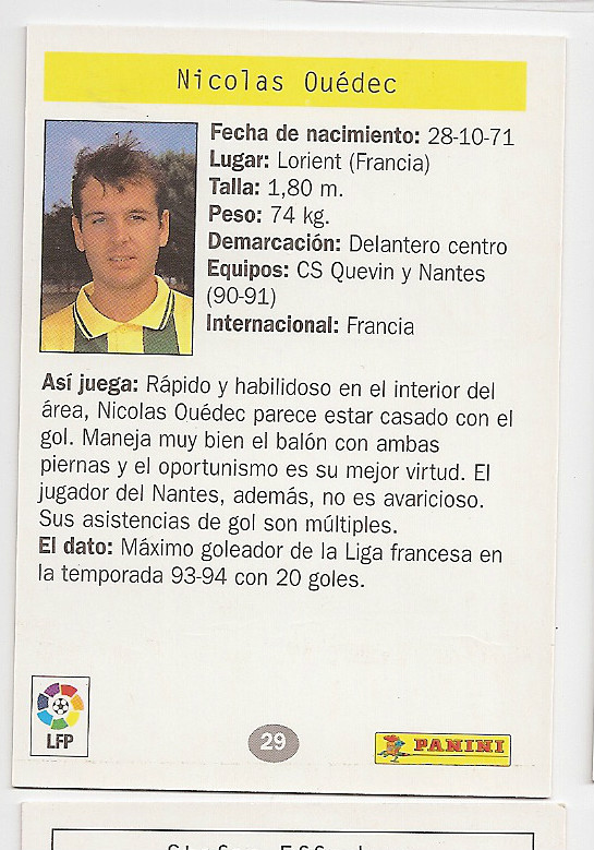 RARE 1996 NICOLAS OUEDEC ALL STAR WITH FC NANTES - FRANCE PANINI CARD ...
