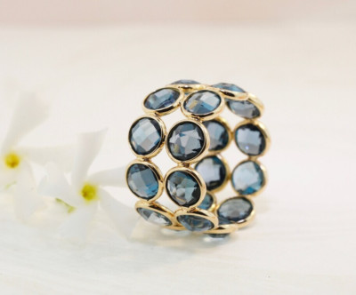 Blue Topaz Round Checker Cut Double Row Bezel Ring 14K Gold Plated ...