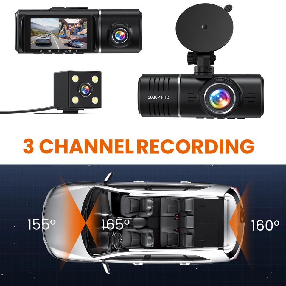 JQVV 3 Channel Dash Cam, 1080P Front and Rear Inside, Dashcam Three Way ...