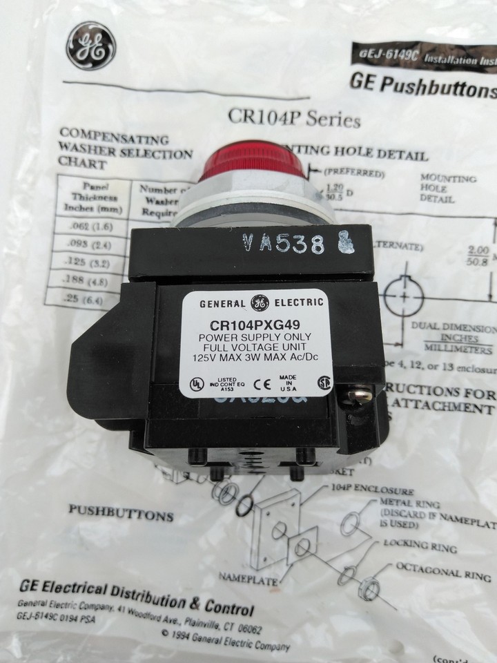 General Electric CR104PXG49 Red Indicator Pilot Light Full Voltage ...