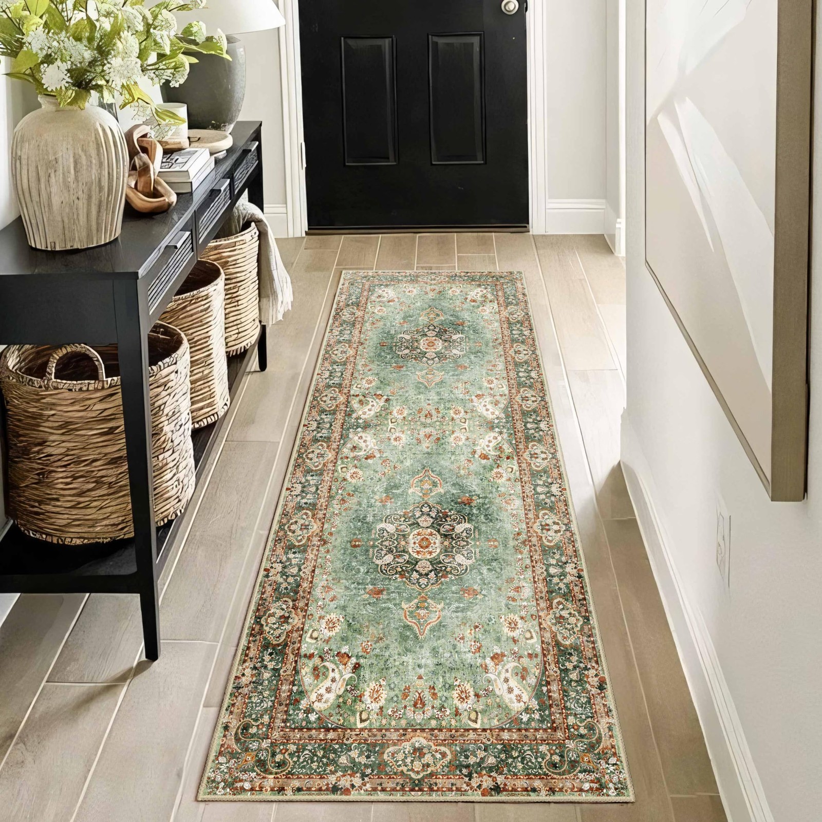 Washable Runner Rug 2x6 Green Runners Non Slip Long Boho Rugs for ...