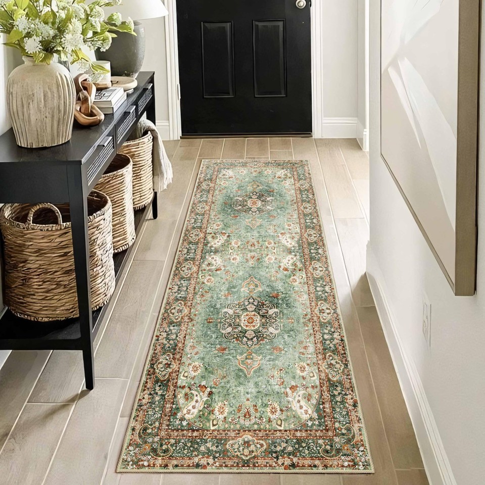 Washable Runner Rug 2x6 Green Runners Non Slip Long Boho Rugs for ...