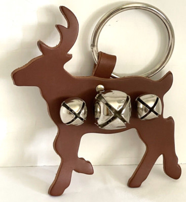 3 Sleigh Bells on a Leather Reindeer Hang on Doorknob Christmas Holiday ...