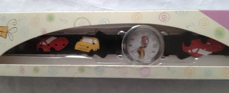 Kids Quartz Watch: Black Plastic Strap - Car Pattern - New In Box ...