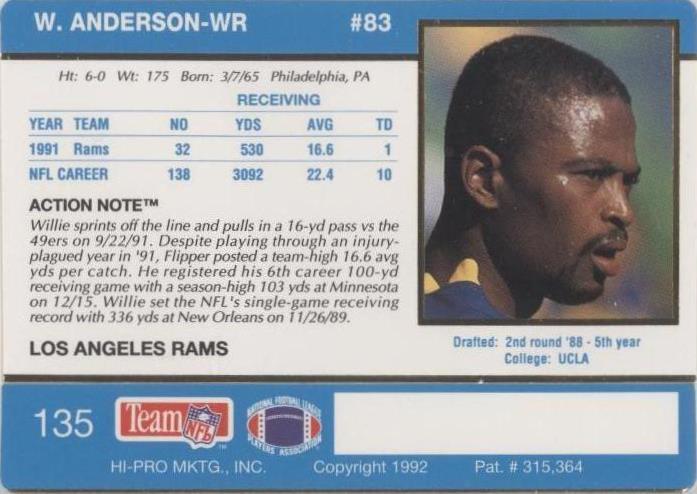1992 Action Packed Willie "Flipper" Anderson #135 for sale | eBay