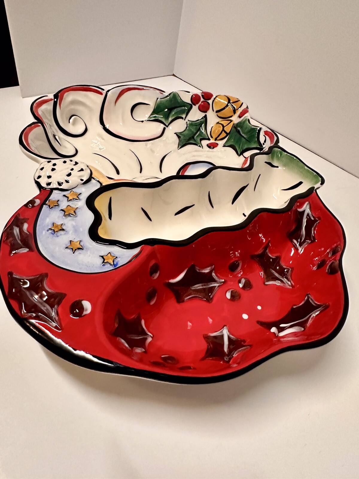 Lg 16”Stonelite Clay Art Merry Santa Divided 3-Part Chip & Dip ...