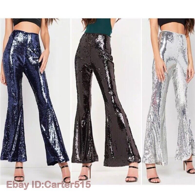 Women Sequin Flared Pants Glitter Shiny Trousers Bell Bottom Club Party ...