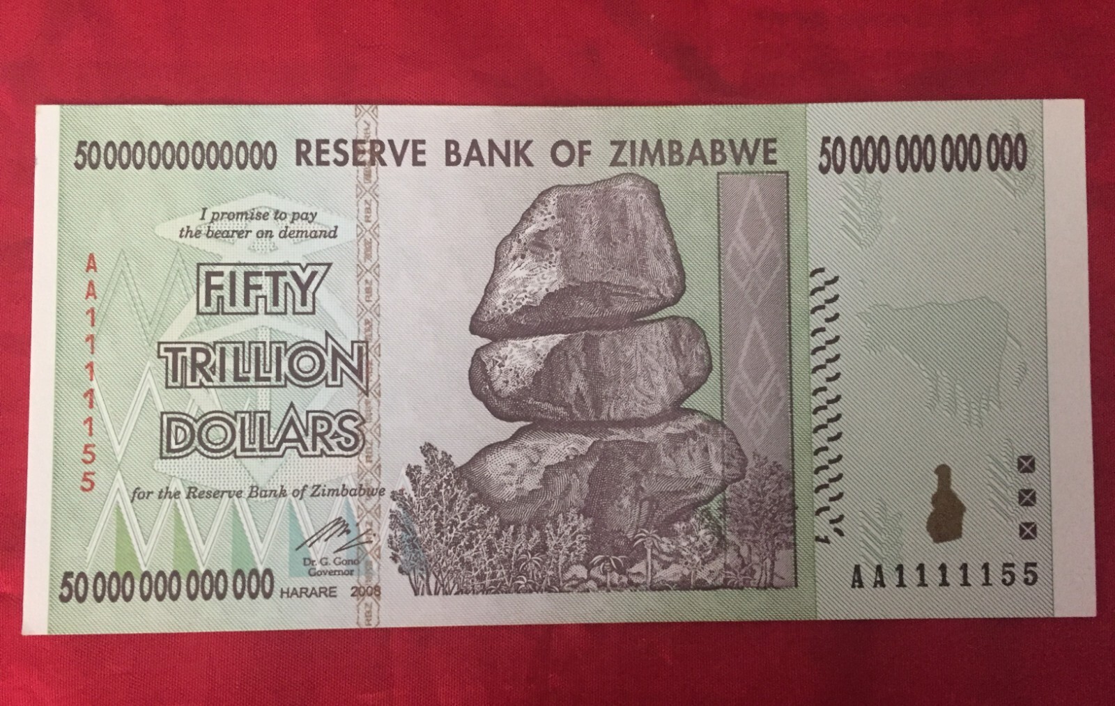 ZIMBABWE 50 TRILLION DOLLARS SPECIAL No. AA1111155 BANKNOTE 2008 UNC ...