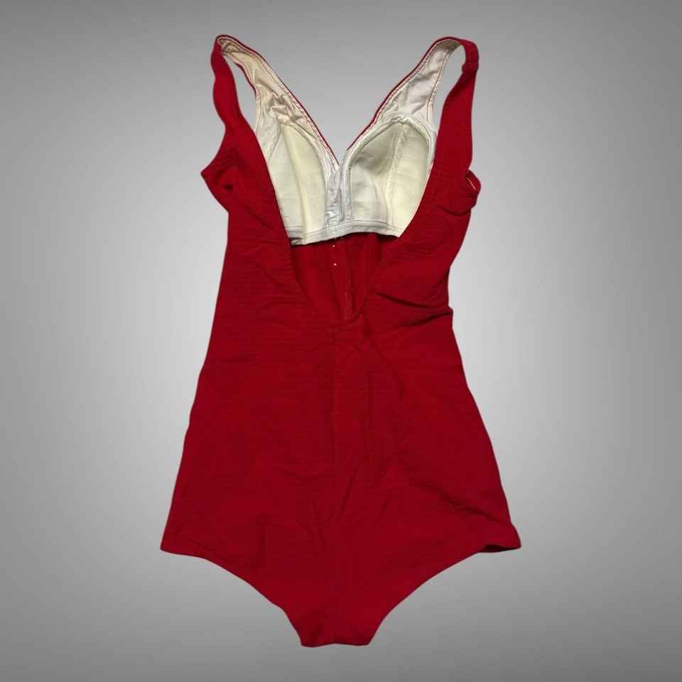 Surf Togs Vintage Red One-Piece Swimsuit Button Front Ruched Pinstripe ...