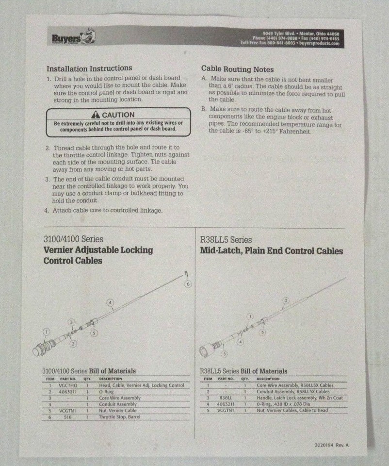 Buyers Products VCGTX06 6' Vernier Locking Control Cable, Truck ...