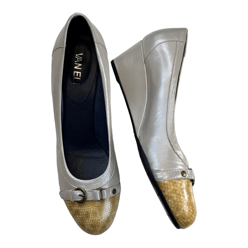 Vaneli Women's Cap Toe Slip On Pumps Wedge Heels Shoes Ivory White Gold ...