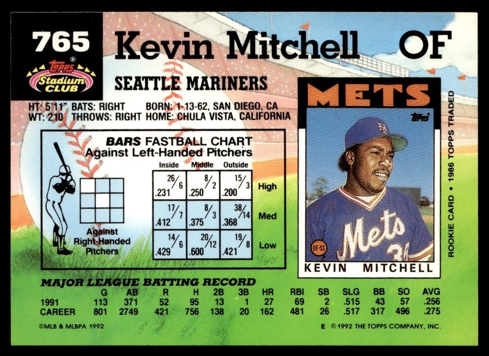 1992 Stadium Club Kevin Mitchell Seattle Mariners #765 | eBay