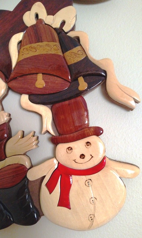 SANTA SNOWMAN BELLS MERRY CHRISTMAS INTARSIA WOOD ART WALL PLAQUE NEW ...