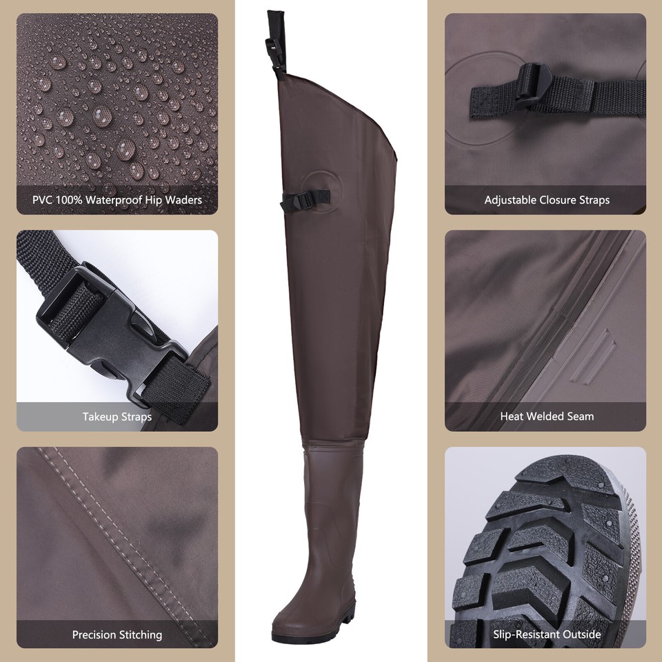 Waterproof 2-Ply PVC/Nylon Hip Waders w/Boot Hanger Ultra Light for Men ...