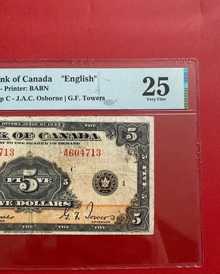 1935 BANK OF CANADA $5 “ENGLISH TEXT” NOTE PMG GRADED VF-25 | eBay