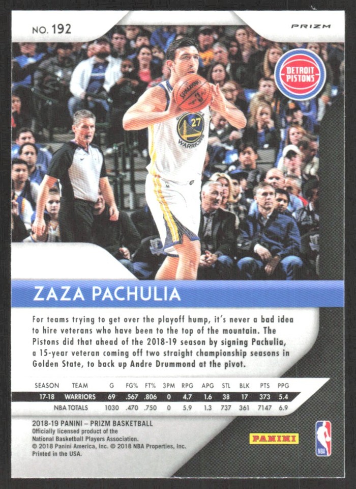 2018-19 Panini Prizm Prizms Silver Zaza Pachulia Detroit Pistons #192 ...