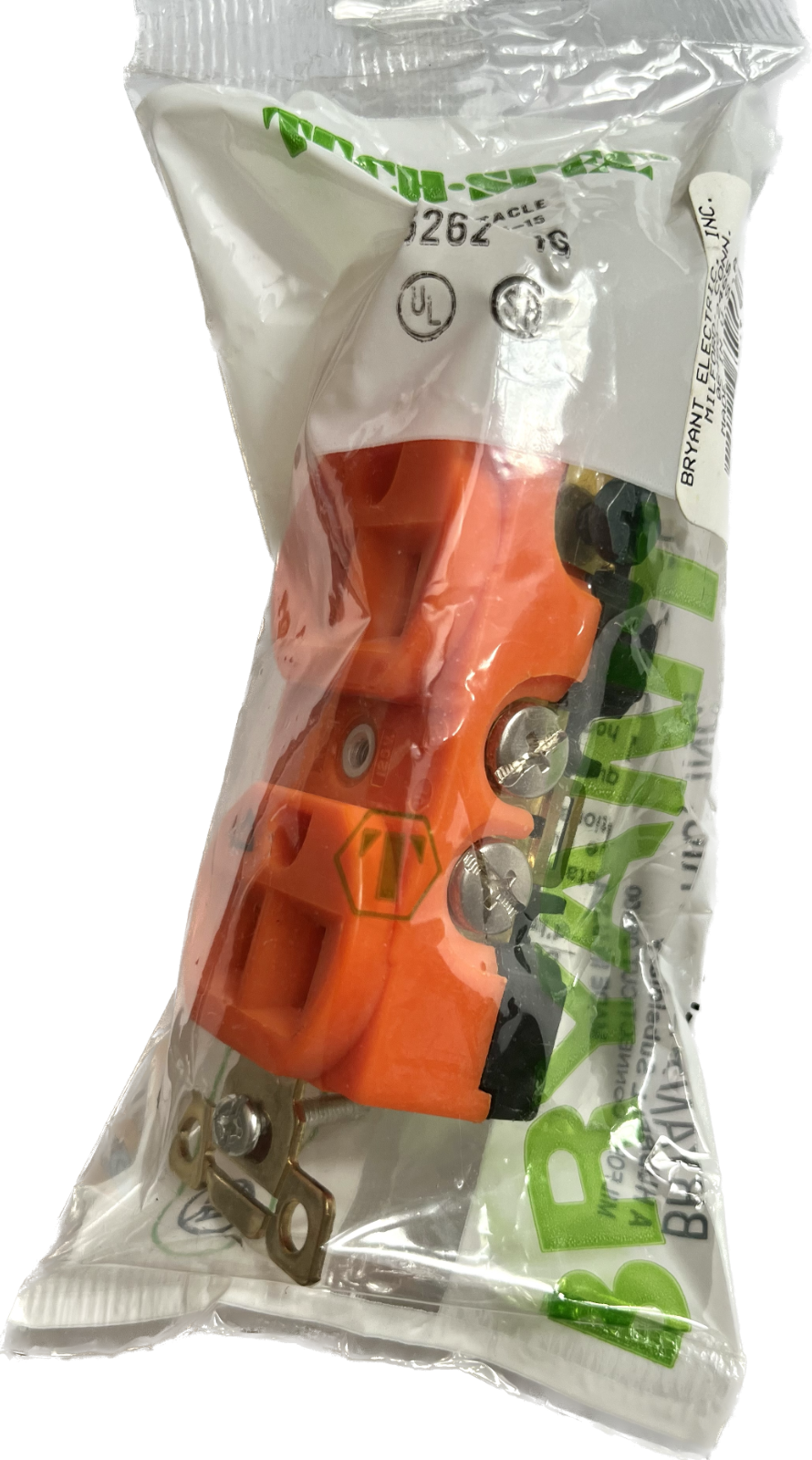 BRYANT 5262-IG ORANGE ISO GRND 2P 3W 15A 125V DUPLEX RECEPTACLE #B9 for ...